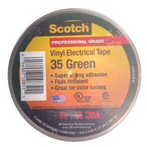 3M, 35 3/4 in x 66 Ft, Green Vinyl Color Coding Electrical Tape 600 Volt