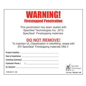 Specified Technologies Z1005-892-CG Vinyl Warning Labels Firestop